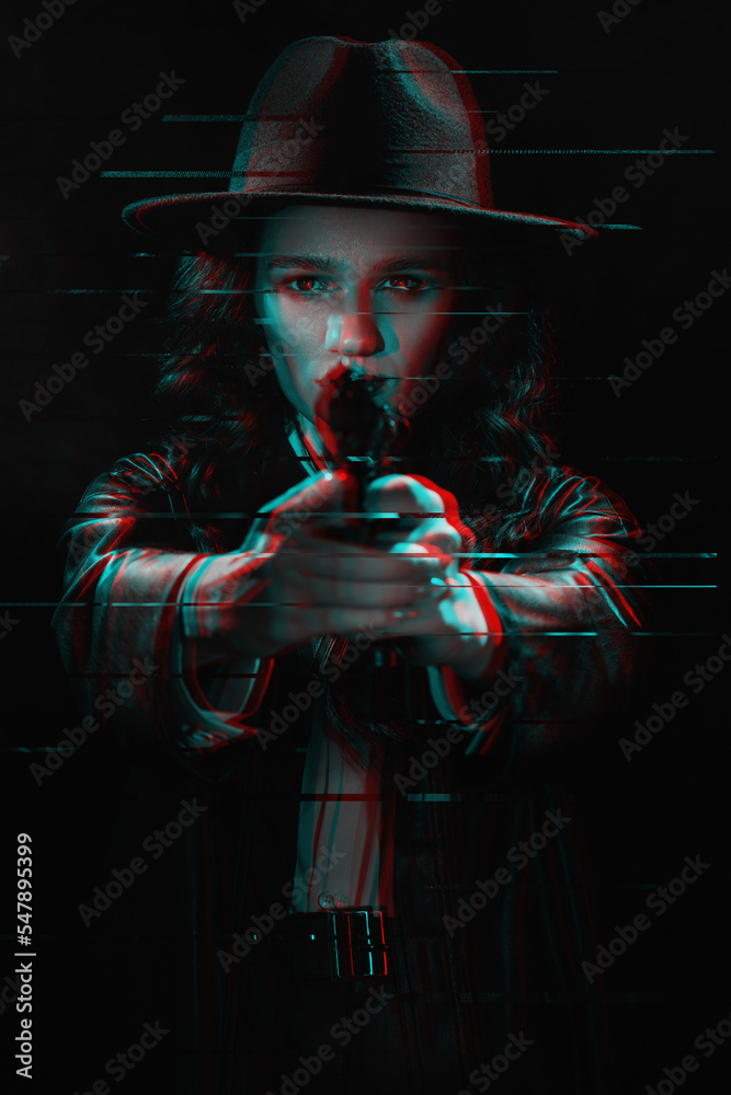 Silhouette of a female detective in a coat and hat with a gun in her ...