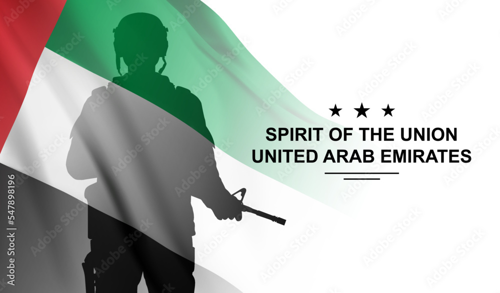 Silhouette of soldier with the flag of UAE on white background. Armed ...