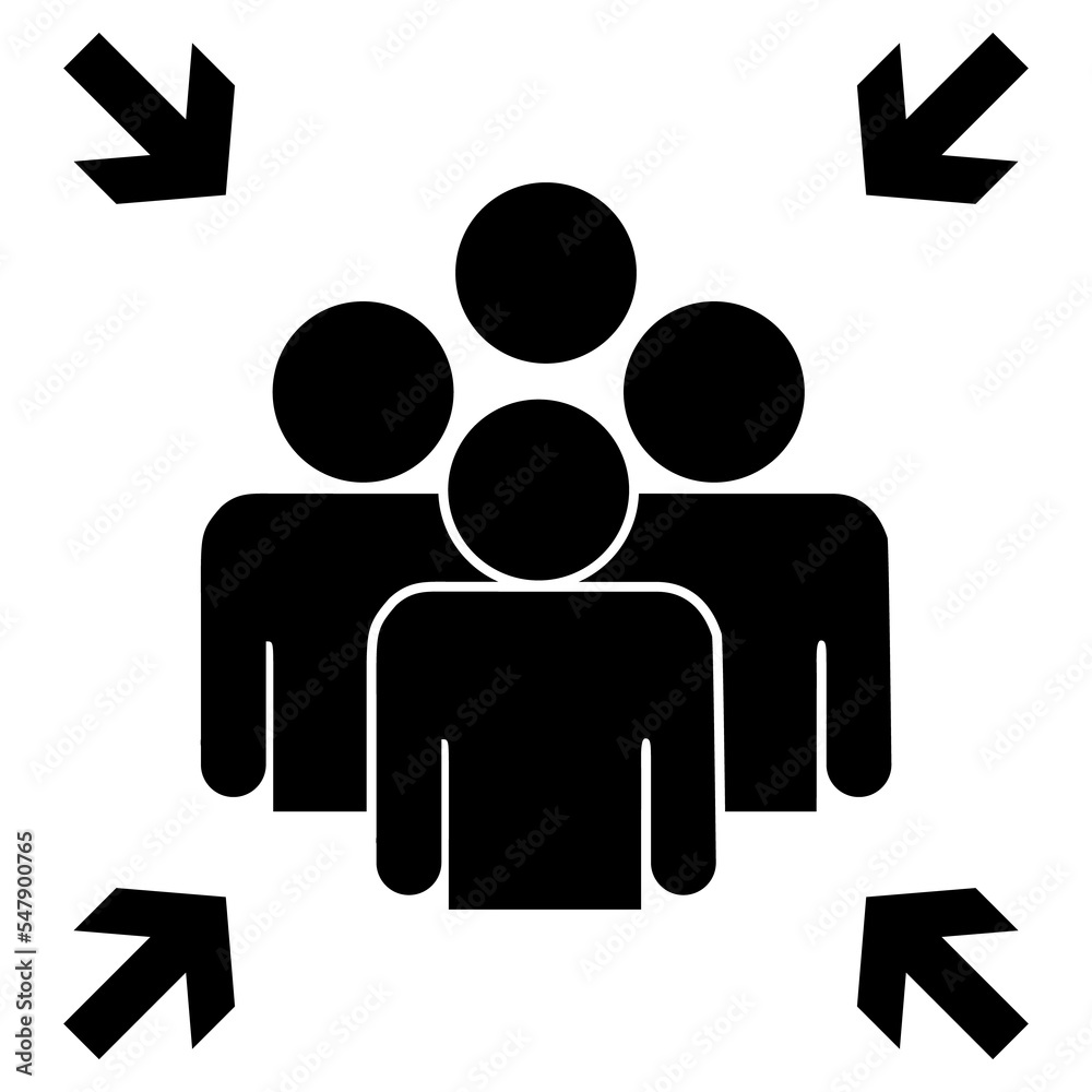 Icono meeting point. Símbolo con silueta de personas y flechas Stock ...