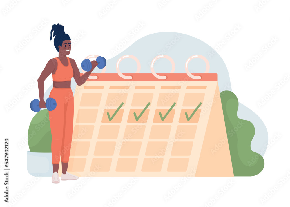 Regular training schedule 2D vector isolated illustration. Workout ...