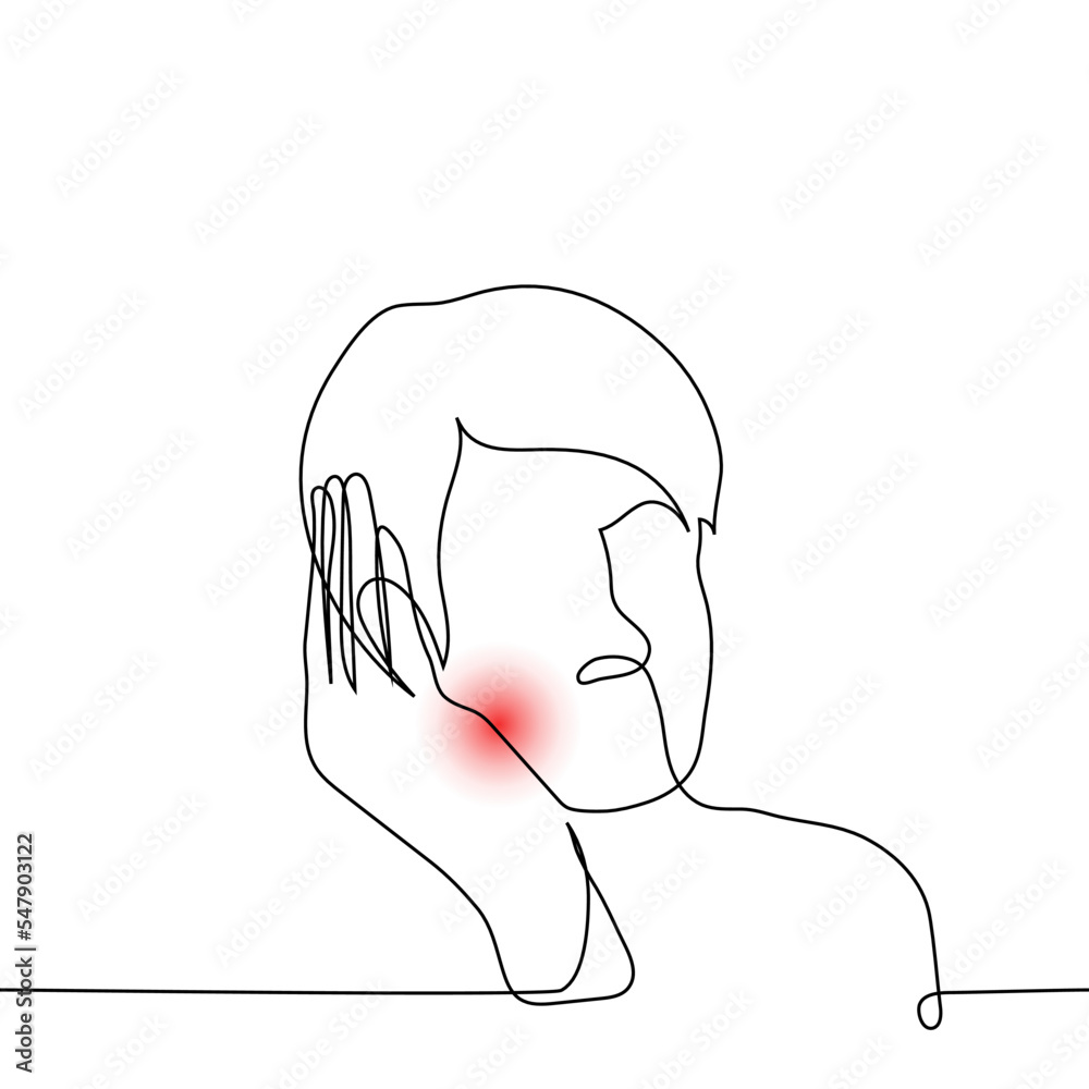 man grabbed his cheek to the source of pain - one line drawing vector ...