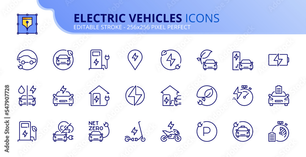 Simple set of outline icons about electric vehicles. Sustainable ...
