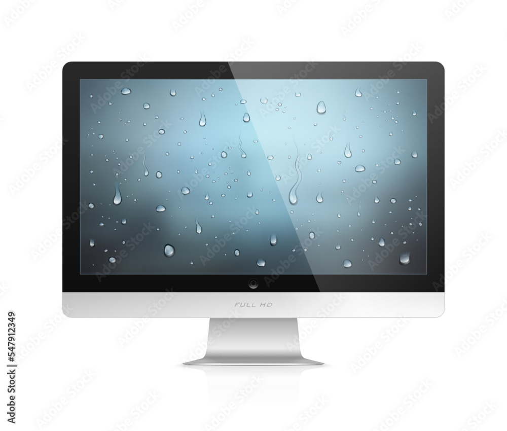 Realistic vector illustration of computer monitor with water drops ...