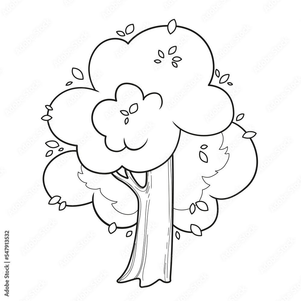 Big simple deciduous tree linear drawing for coloring isolated on white ...