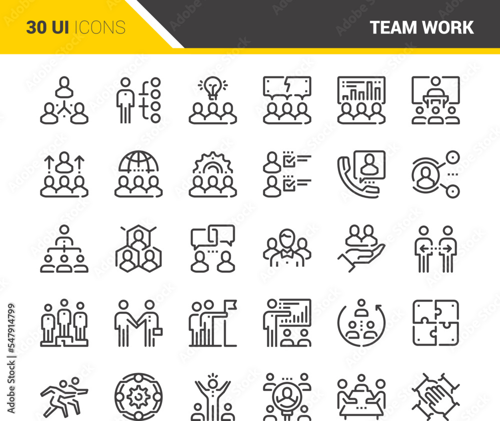 Vector set of team work flat line web icons. Each icon with adjustable ...
