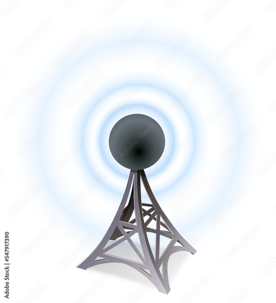 3D metallic communication tower with its waves isolated in the middle ...
