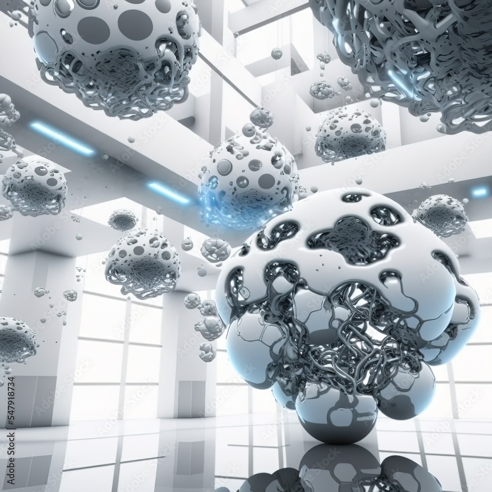 Complex futuristic design consisting of polished metal reflecting ...