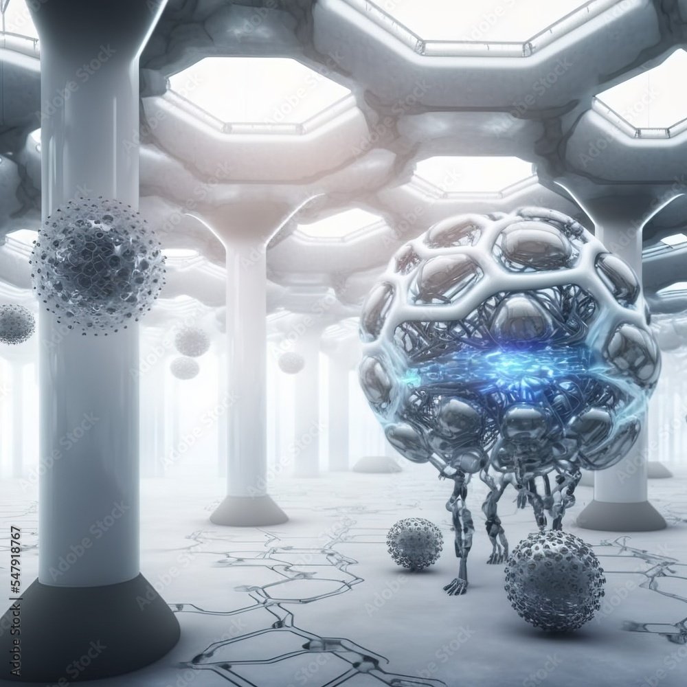 Complex futuristic design consisting of polished metal reflecting ...