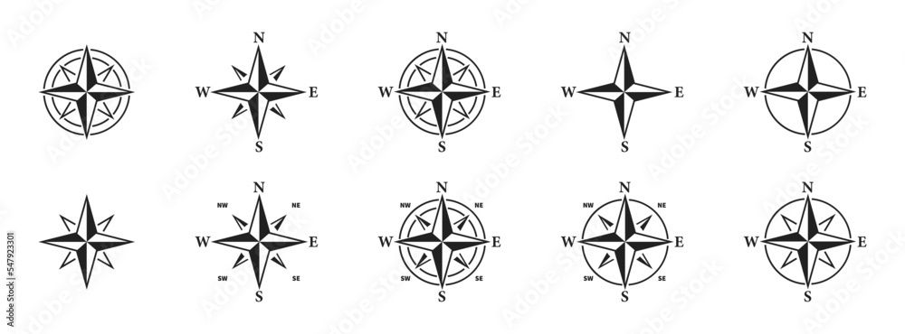 Compass icon set. Set of wind rose icons. Compass symbol collection ...