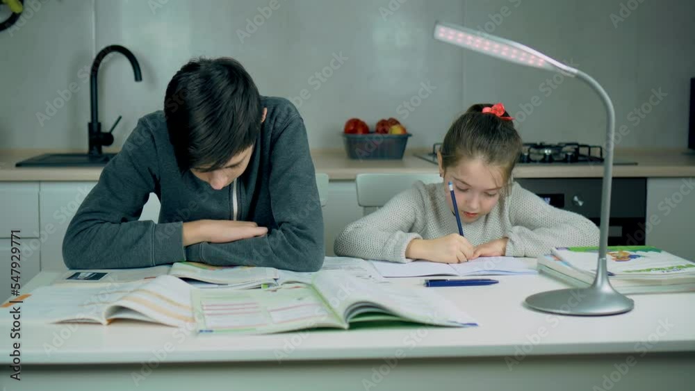 Smart schoolboy with her cute sister girl learning reading writing ...