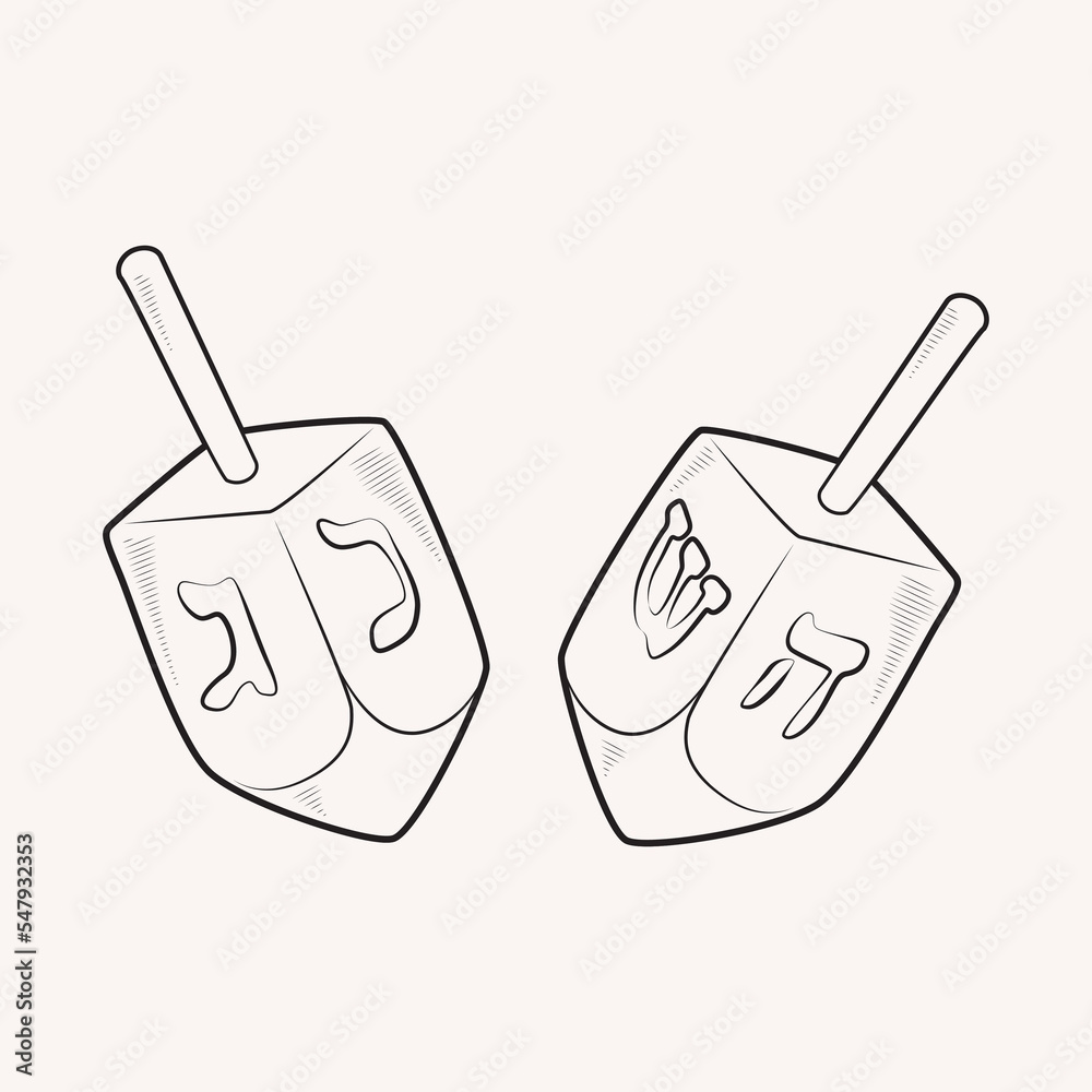 Vector illustration of hand drawn Hanukkah dreidel. Traditional wooden ...