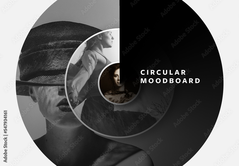 Circular MoodBoard With Black Gradient Overlay and 3 Placeholder Options Stock Template | Adobe ...