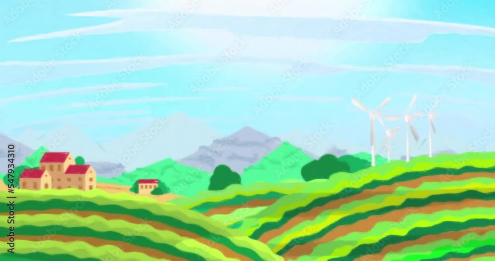 Pastoral landscape with vineyards in drawing style. A simple animation ...