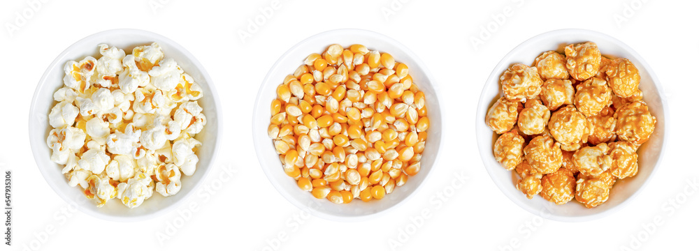 Popcorn, unpopped, popped and caramel coated, in white bowls. Butterfly ...
