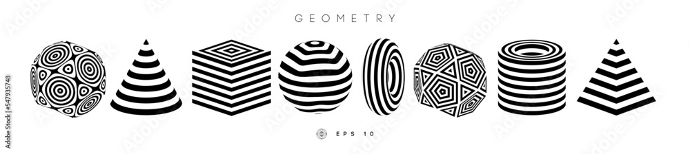 Optical illusion shapes vector set. Pyramid striped. Cylinder and Cube ...