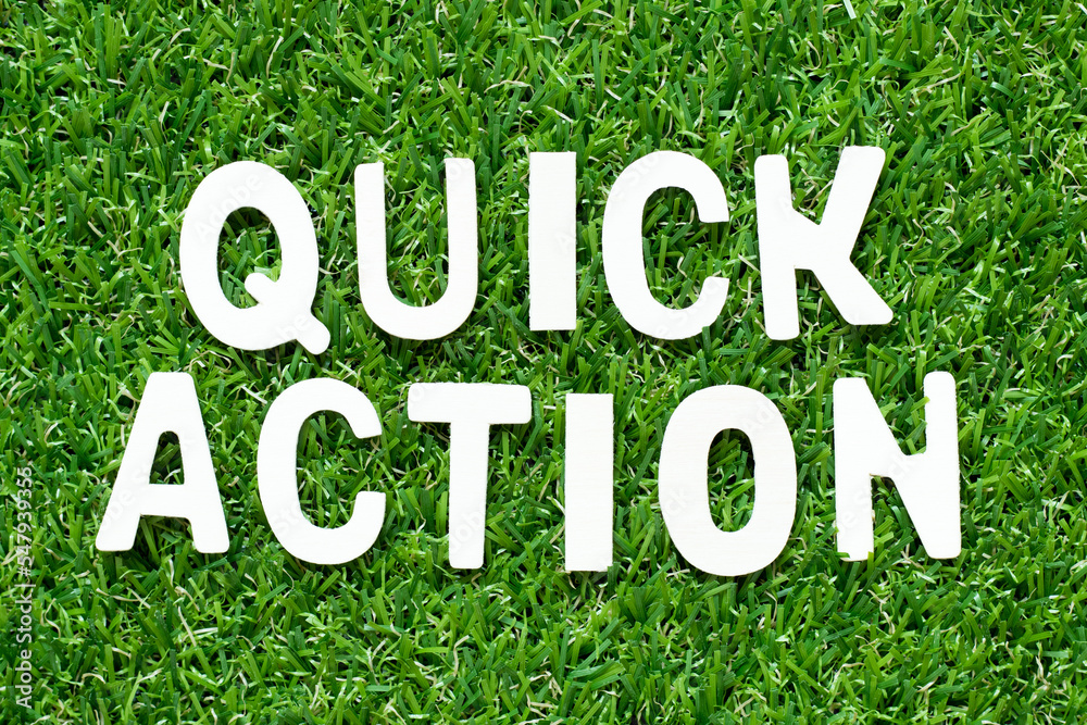 Wood alphabet letter in word quick action on green grass background ...
