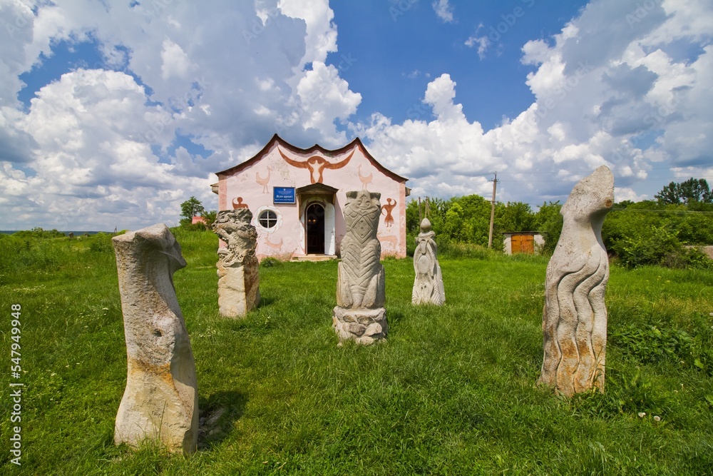 Busha, Ukraine - 09.06. 2019: modern neo pagan symbolic sculptures ...