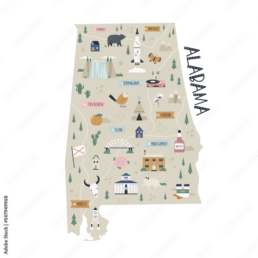 Alabama map state with landmarks and symbols. Stock Vector | Adobe Stock