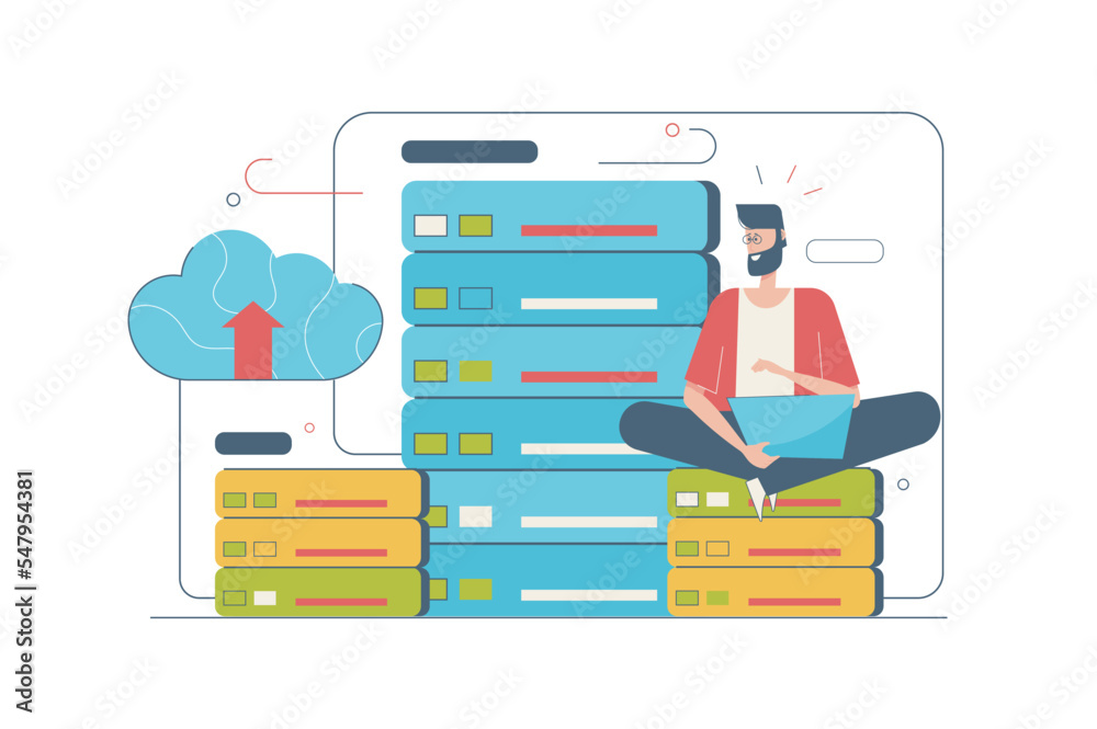 Data center concept with people scene in flat cartoon design. Man ...