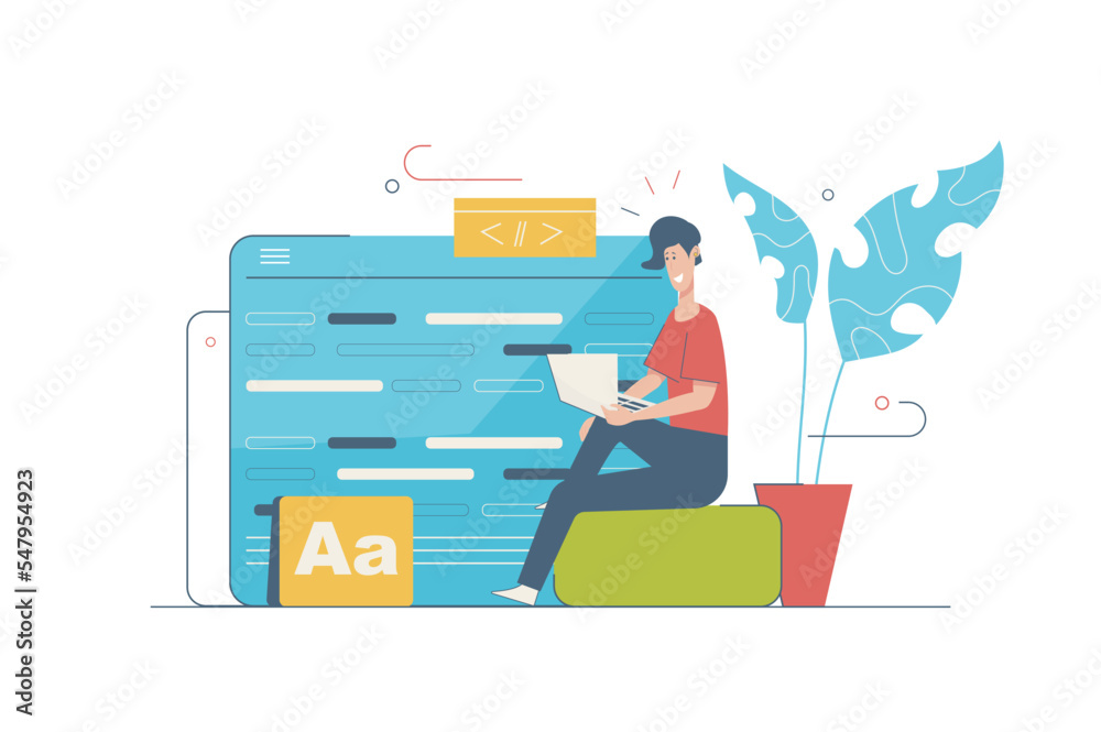 Web development concept with people scene in flat cartoon design. Man ...