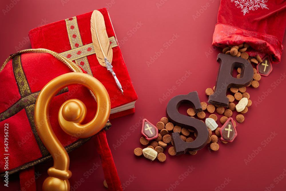 Dutch holiday Sinterklaas background with mitre or mijter staff and ...