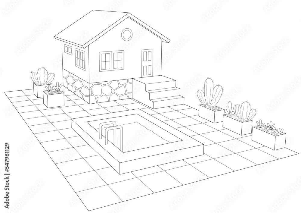 coloring page for adults. 3d drawing of a house with an outdoor area, a ...