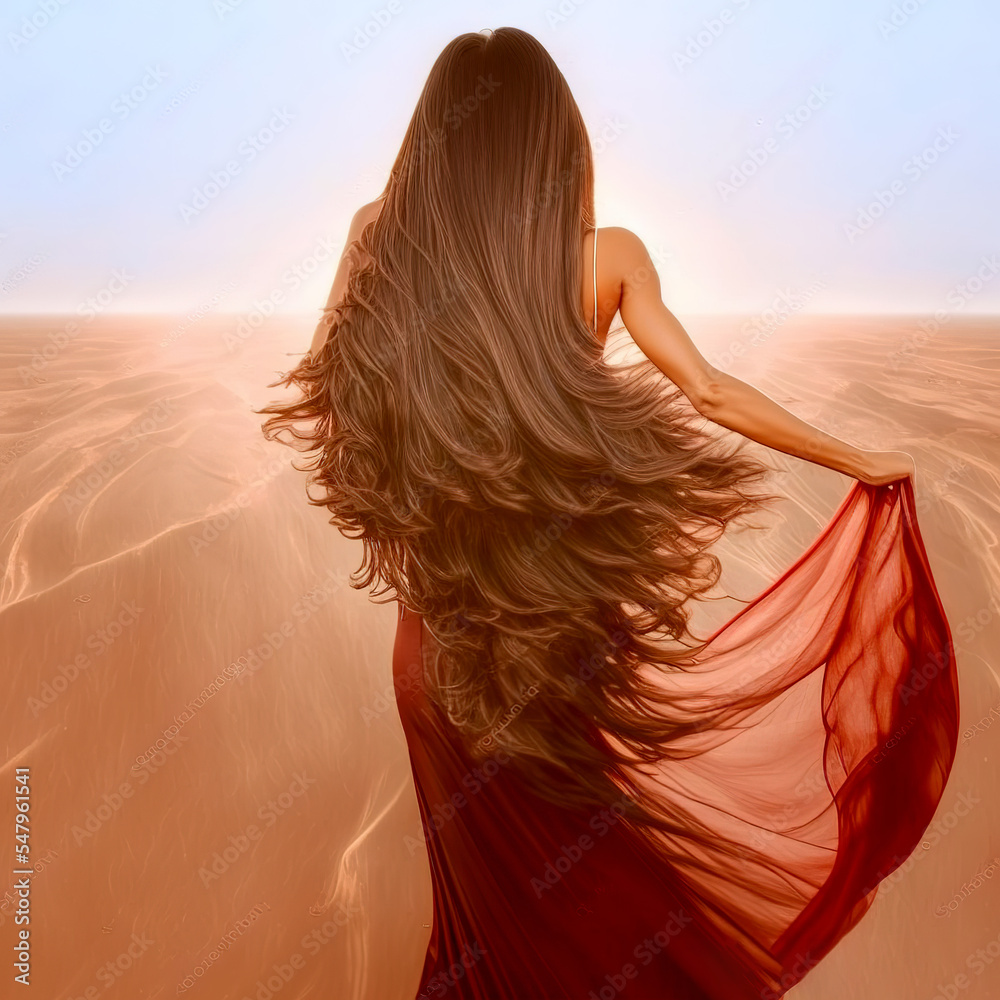 beautiful woman with fight long hair from back at desert with layers of ...