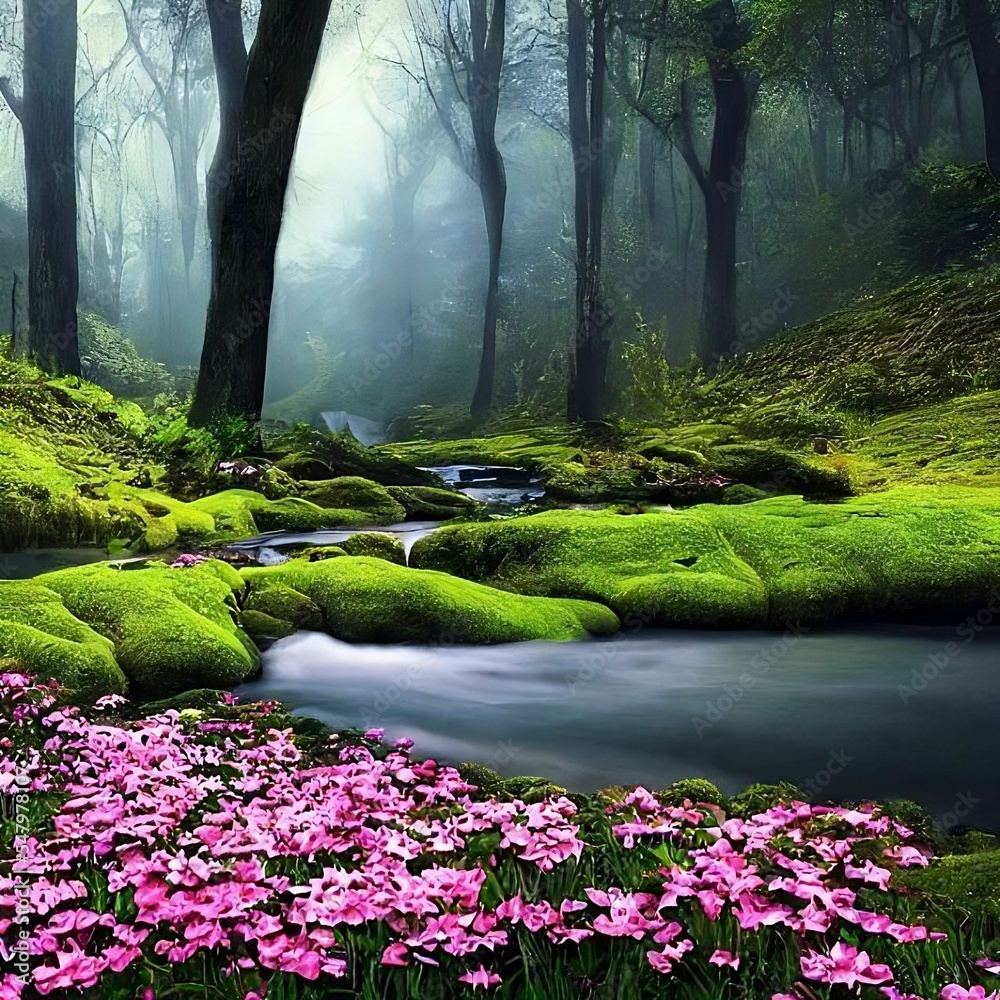 Beautiful 3D Nature and landscape wallpaper of a waterfall in a forest with sun ray Stock ...