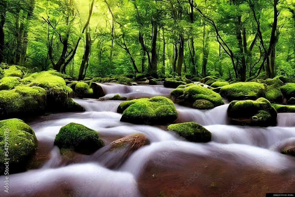 Beautiful 3D Nature and landscape wallpaper of a waterfall in a forest with sun ray Stock ...