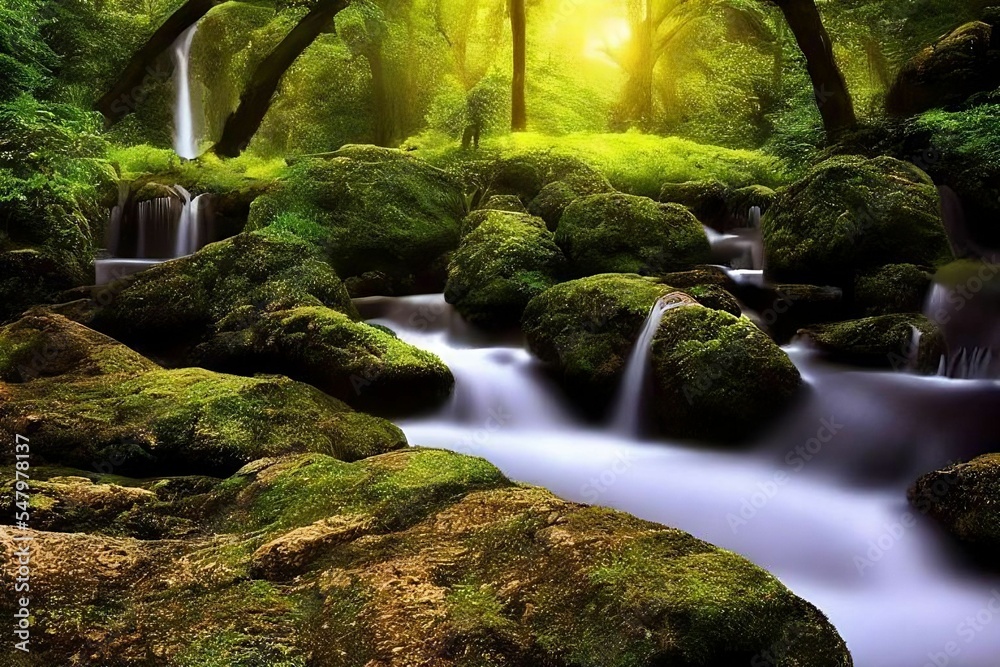 Beautiful 3D Nature and landscape wallpaper of a waterfall in a forest with sun ray Stock ...