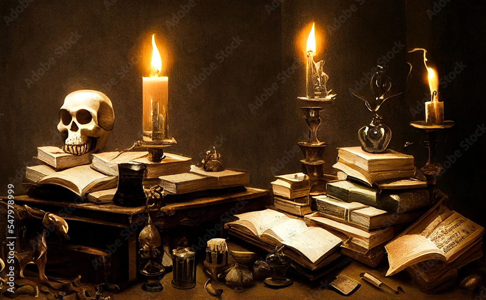 Fantasy dreamland dark academia office with candle and books, concept ...