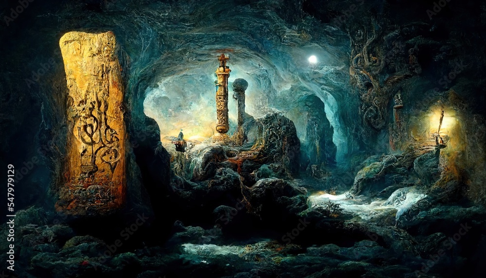 Fantasy old aged viking ruins in dark cave, digital concept art ...