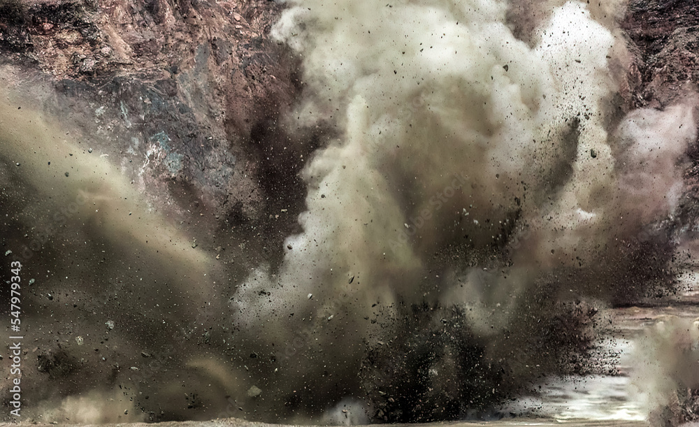 Flying rock and dust clouds during dynamite blasting Stock Photo ...