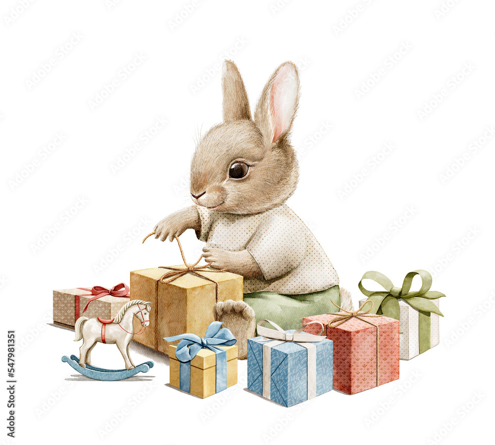 Watercolor vintage boy rabbit in clothes sit and holding birthday ...