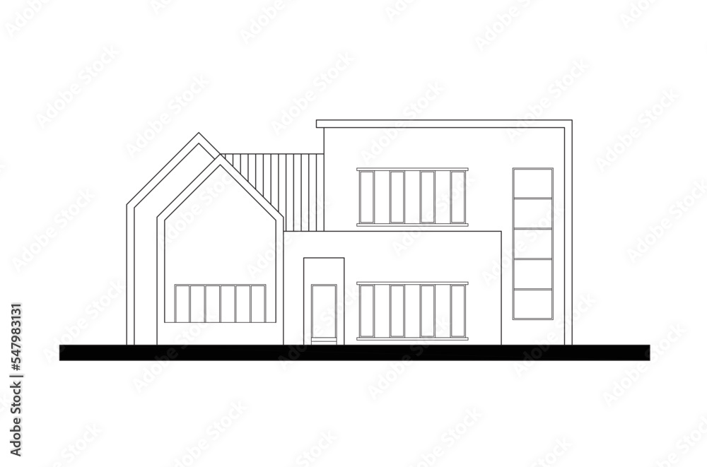 2D architectural graphic CAD illustration of the front facade of a ...