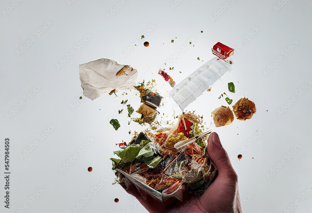 Garbage on the human hand is scattered all around on white background ...