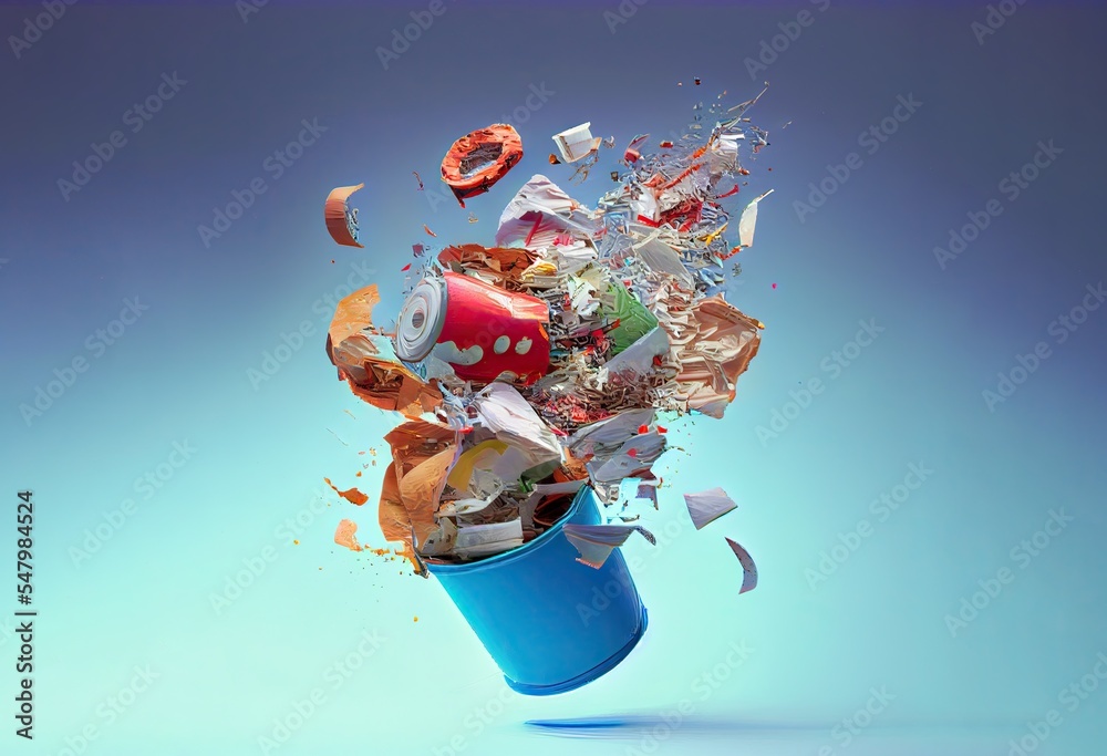 There is garbage all over the place on a blue studio background ...