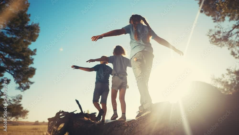 children playing in the park. small children walk on fallen log in a ...