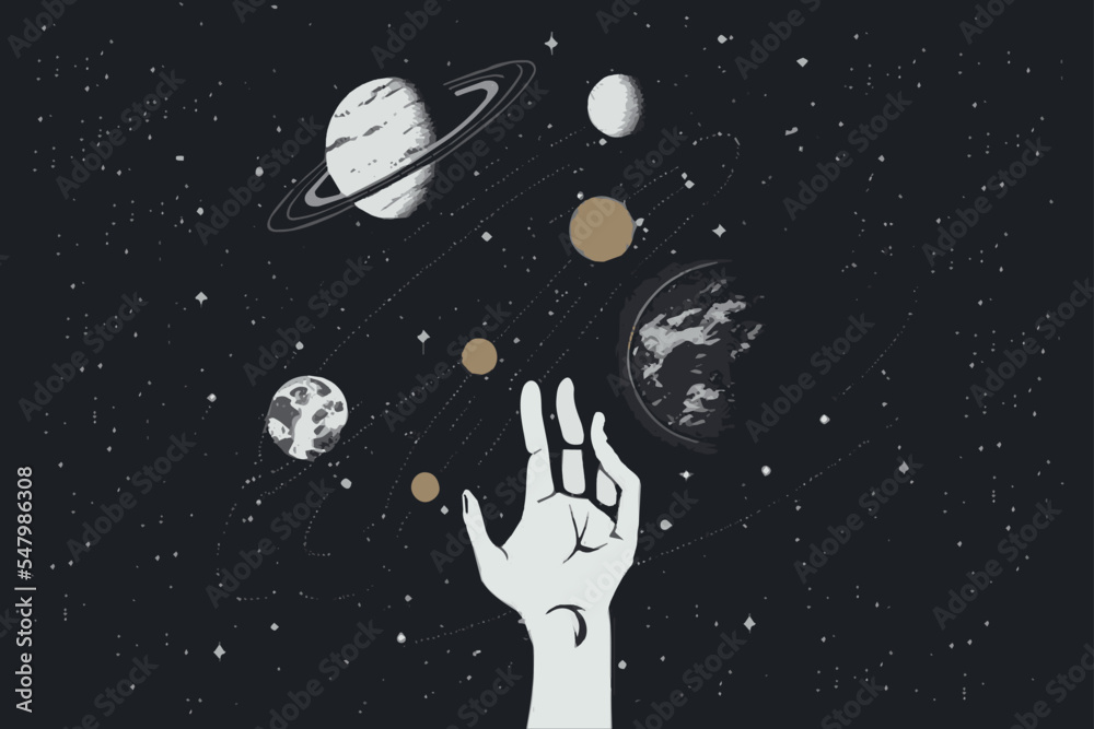 Hand reaching for the stars vector art concept. Dreaming of achieving ...