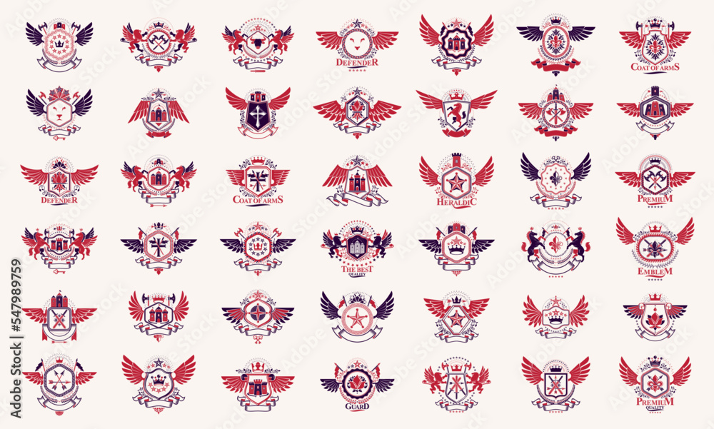 Vintage heraldic emblems vector big set, antique heraldry symbolic ...