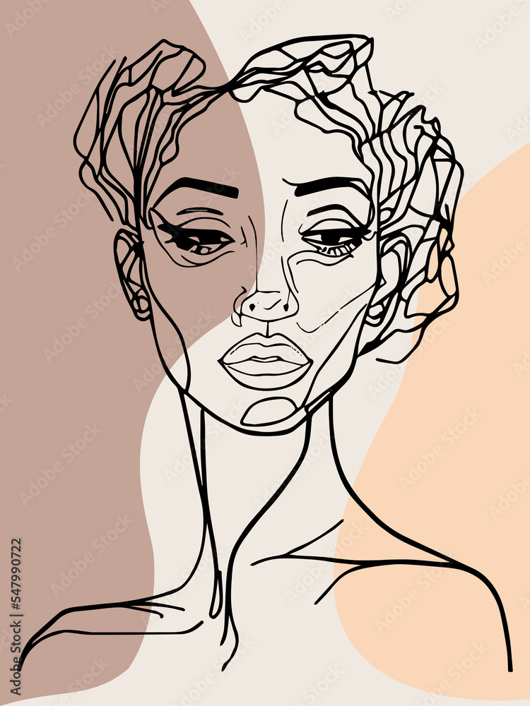 Beautiful black woman, line vector art. Drawing with boho elements ...