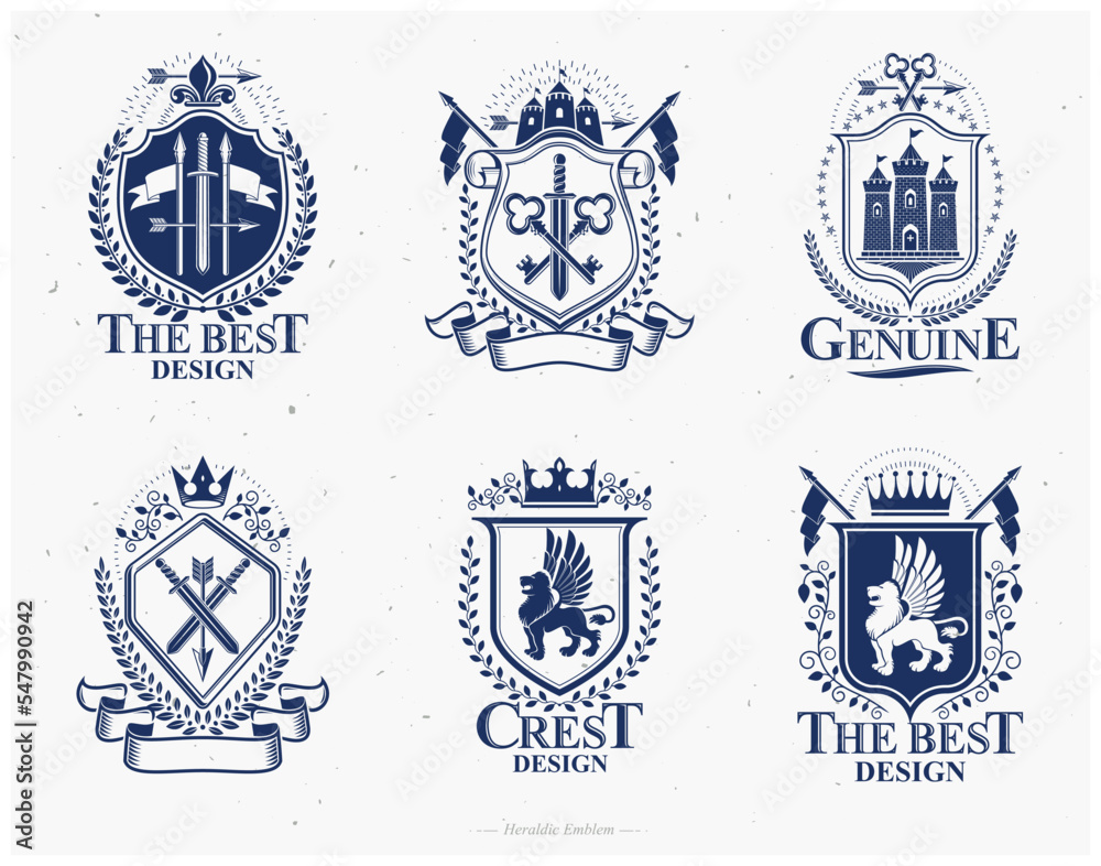 Old style heraldry, heraldic emblems, vector illustrations. Coat of ...