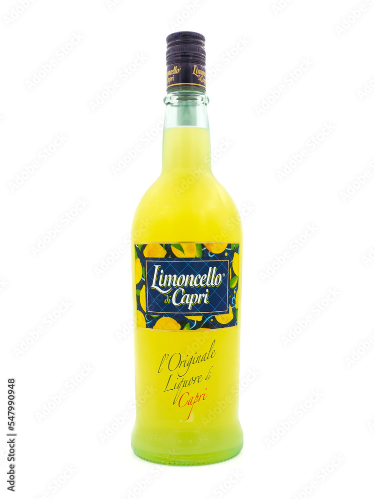 ROME, ITALY - NOVEMBER 21, 2022. Bottle of Limoncello di Capri isolated ...