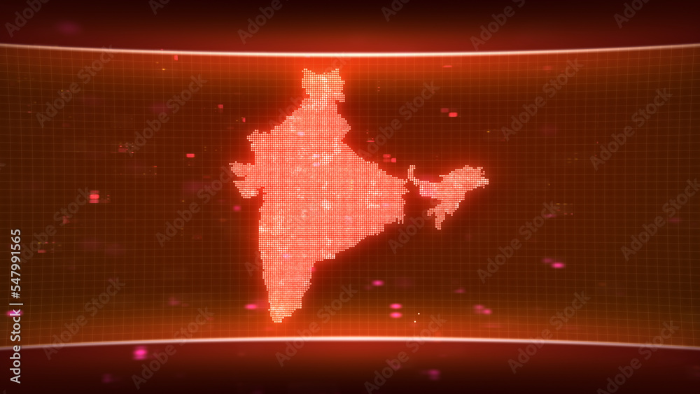 India map glowing red silhouette outline made of lines dots triangles ...