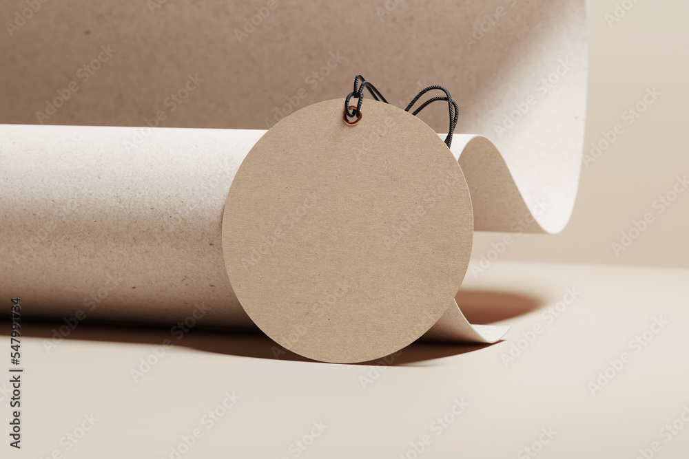 Circle kraft paper hanging tag mockup. 3D rendering Stock Illustration ...