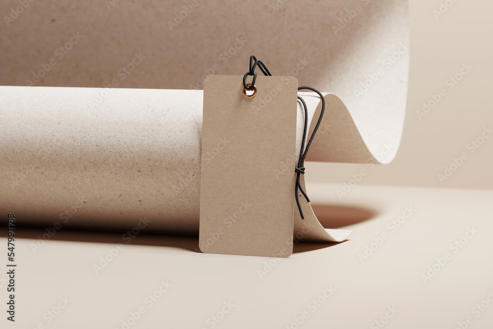 Kraft rectangular tag with rounded corners mockup. 3D rendering Stock ...