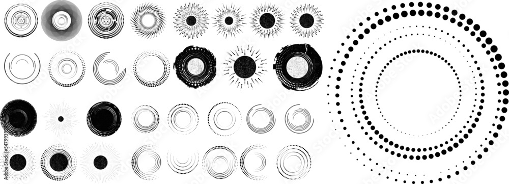 Design elements with circular halftone dots. Vector rotating dotted ...