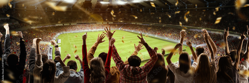 Victory. Back view of football soccer fans cheering their team with ...