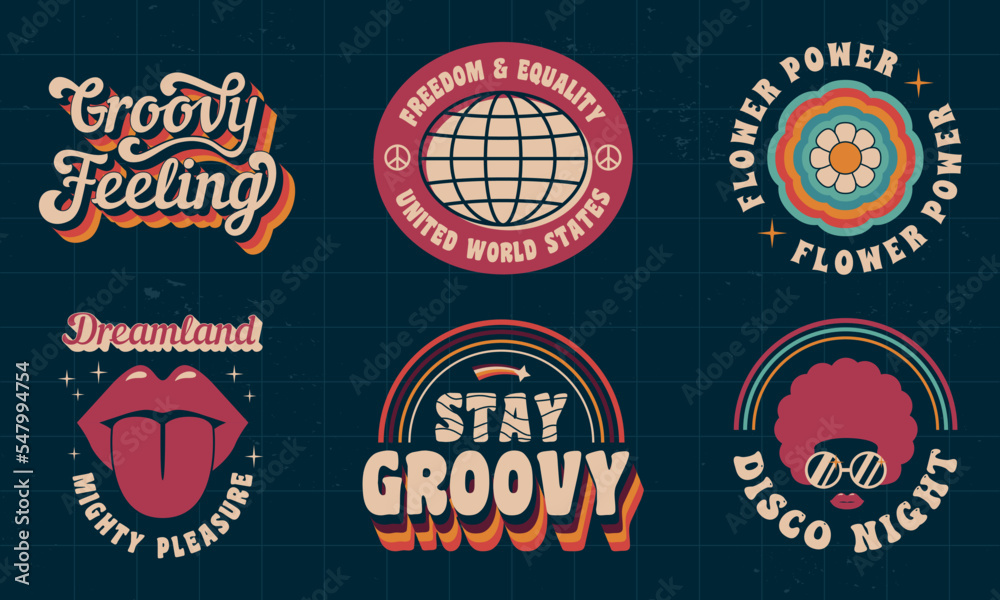 Vector set of signs and logos in retro Groovy style. Retro 70's logos set for disco club, music ...