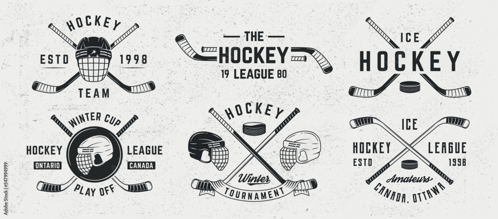 Ice Hockey logo set. 6 ice hockey emblems with helmets, balls, cues and ...